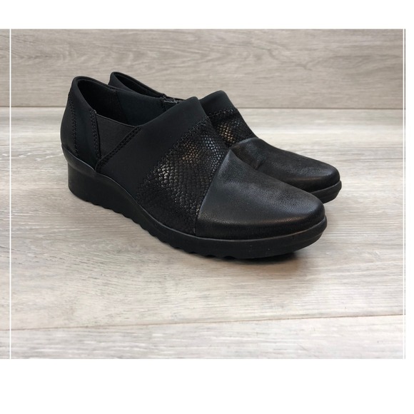 Clarks | Shoes | Clarks Cloudsteppers Caddell Denali Womens Black Wedge ...